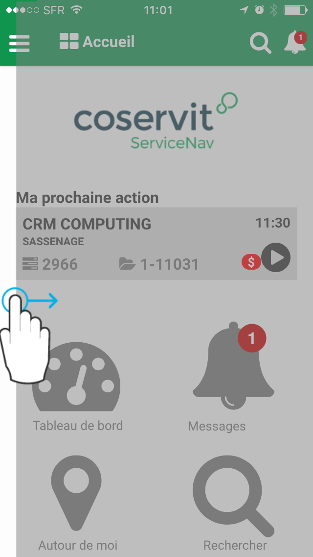 ServiceNav - Application mobile - Ouvrir le menu - swipe - ServiceNav